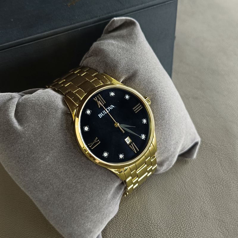 Bulova Men's Gold Tone/Diamond Black Dial 97D108 Classic Quartz Watch ...