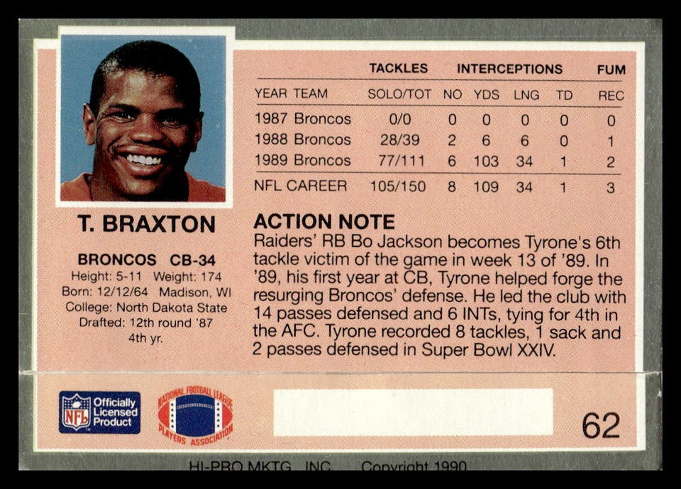 1990 Action Packed 62 Tyrone Braxton Denver Broncos Football Card | eBay