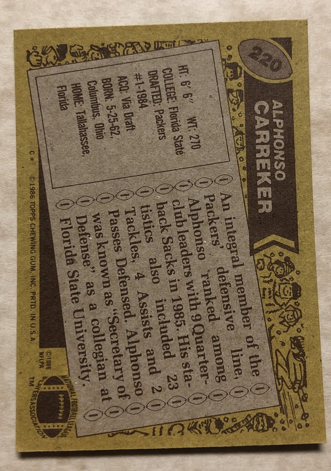 1986 Topps Alphonso Carreker Football Card Rookie (RC) #220 Packers Mid ...