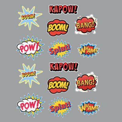 14 x Edible PRECUT Cupcake toppers - Superhero Pow, Bang, Wham Signs | eBay