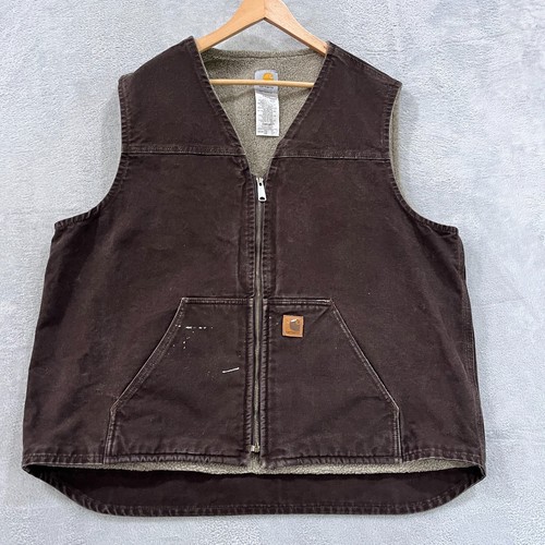 VTG Carhartt Vest Men's 2XLT Sherpa Lined Canvas Brown Distressed V26 ...