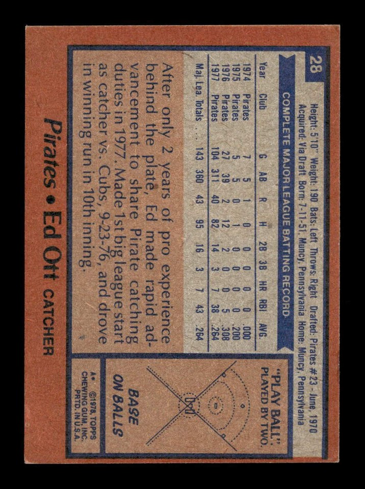 1978 Topps #28 Ed Ott Pittsburgh Pirates EX Baseball Card *J123 | eBay