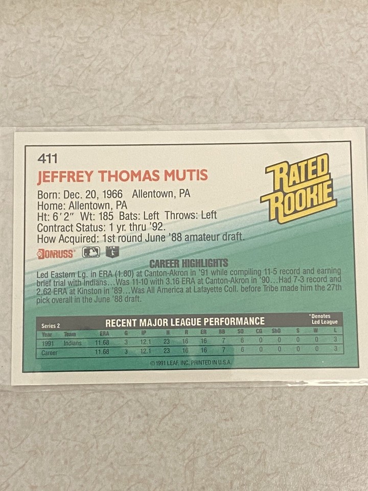 Jeff Mutis - 1992 Donruss #411 - Cleveland Indians Baseball Card ...