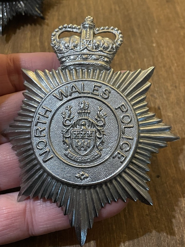 OBSOLETE NORTH WALES POLICE HELMET PLATE BADGES..GWYNEDD..DENBIGHSHIRE ...