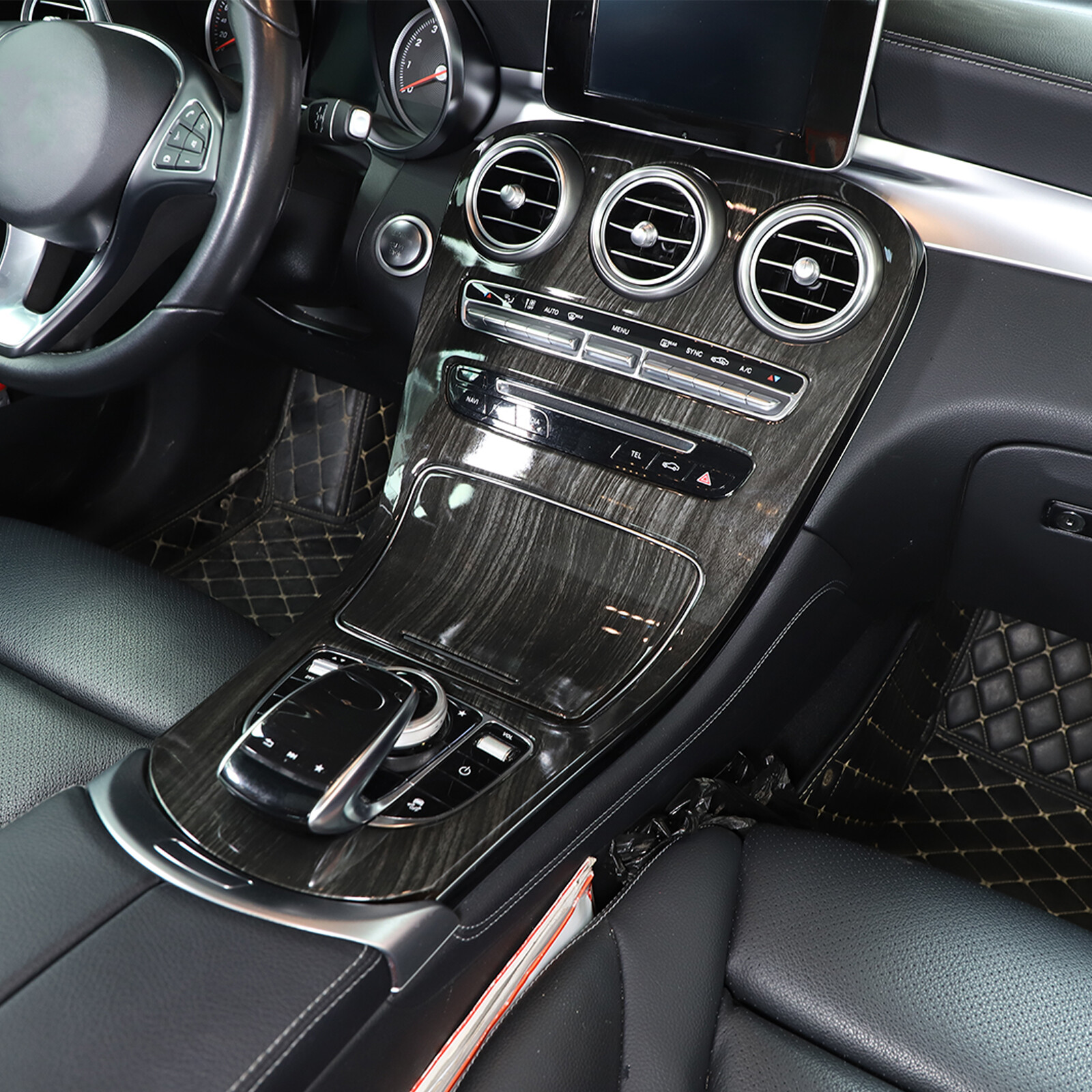 Black Wood Pattern Center Console Trim Cover Fits Mercedes C Class W205 ...