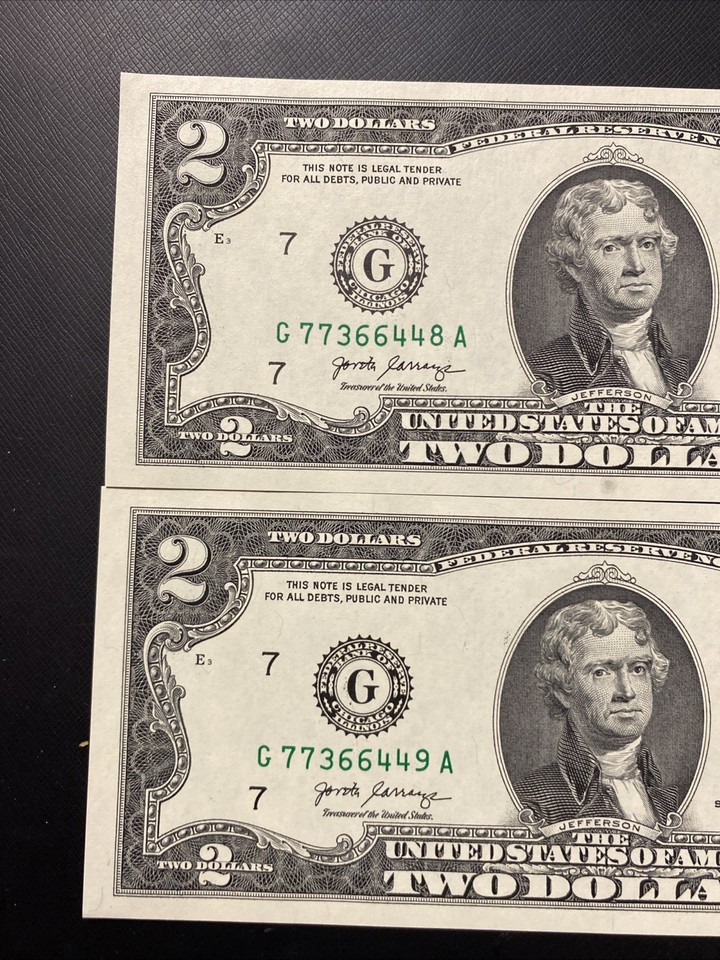 Consecutive Triple Double Fancy Serial Number $2 Dollar Bill G 77366448 ...