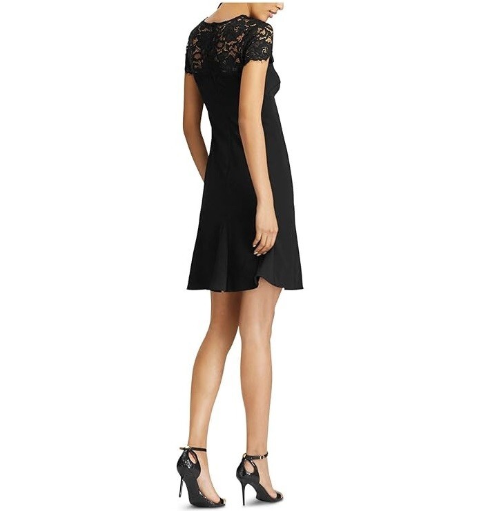 Ralph Lauren Women 2 Black Lace Short Sleeves Knee Length Dress NWT ...