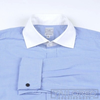 HACKETT LONDON Blue Micro Check Cotton FRENCH CUFF Luxury Dress Shirt ...