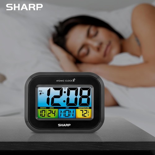 Sharp Atomic Digital Alarm Clock, Battery Operated Self-Setting Black ...