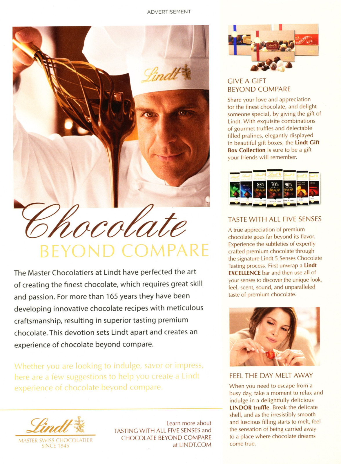 LINDT CHOCOLATE AD #07 MAGAZINE promo AD 2015 CHOCOLATE BEYOND COMPARE ...