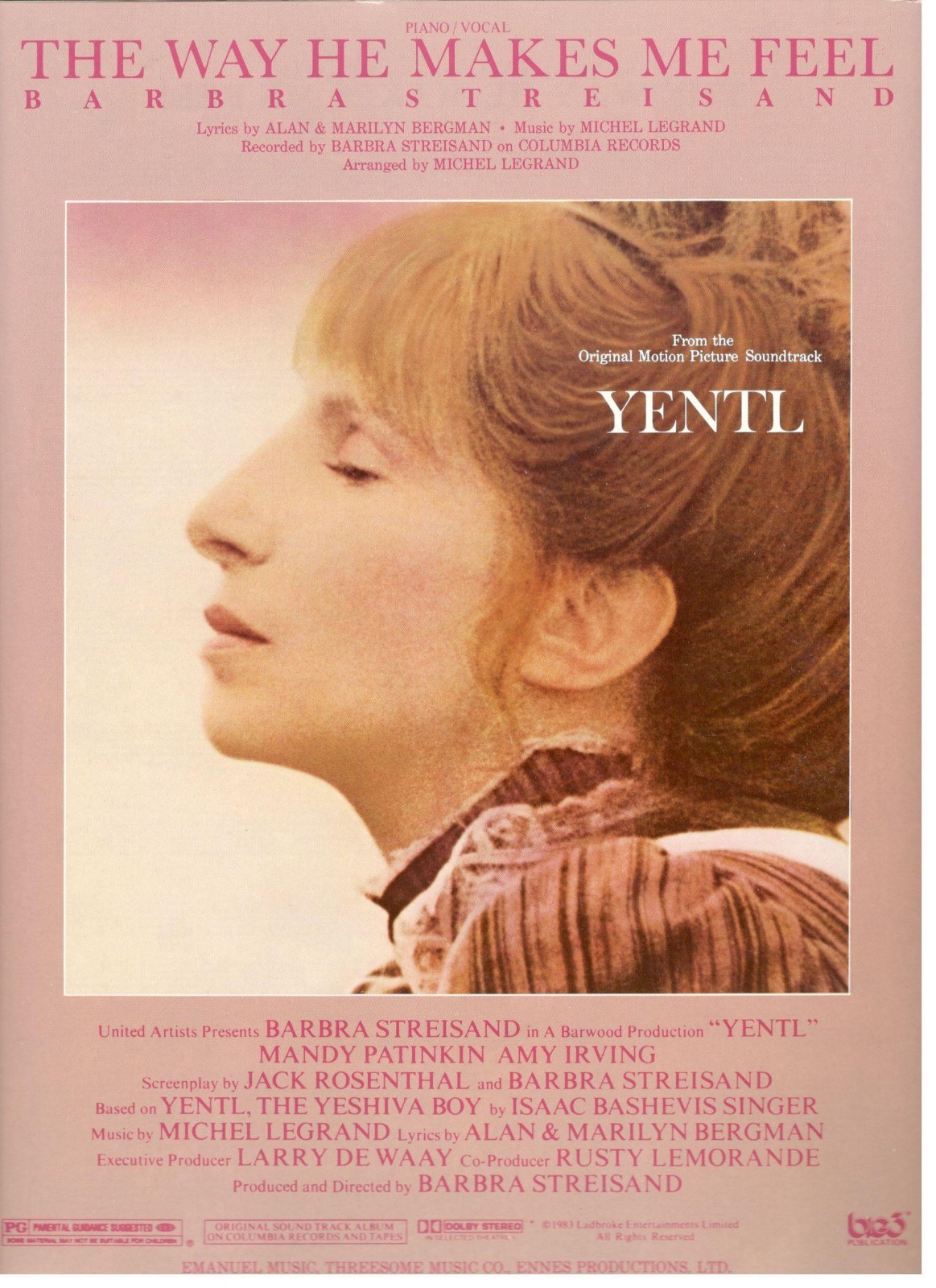 BARBRA STREISAND "THE WAY HE MAKES ME FEEL" SHEET MUSIC-YENTL-1983-RARE ...