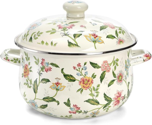 Green Floral Enameled Crock Pot, Stovetop Double Handle Cooking Pot | eBay