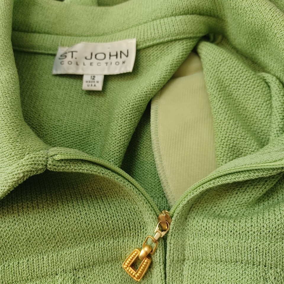 ST JOHN COLLECTION Womens Green Knit Zip Front Sweater Jacket Size 12 ...
