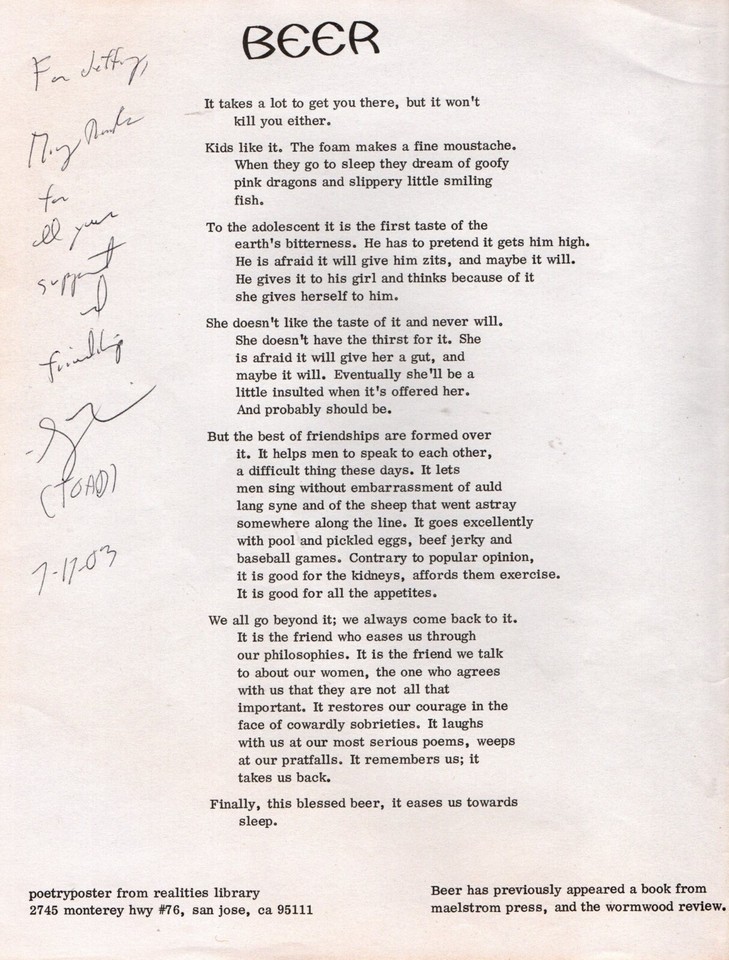 GERALD LOCKLIN - "BEER"- POETRY POSTER 1984 INSCRIBED TO PUBLISHER | eBay