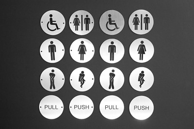 ROUND SILVER DOOR SIGNS Pubs Shops Office Business Bathroom/Toilet/WC ...