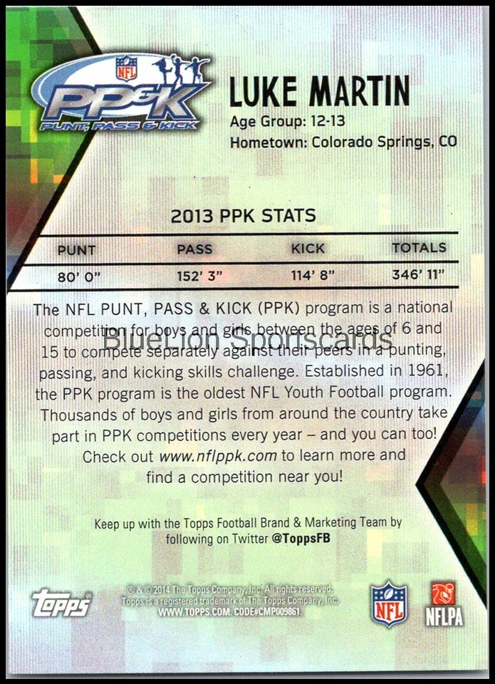 2014 Topps Punt Pass and Kick Champions #19 Luke Martin | eBay