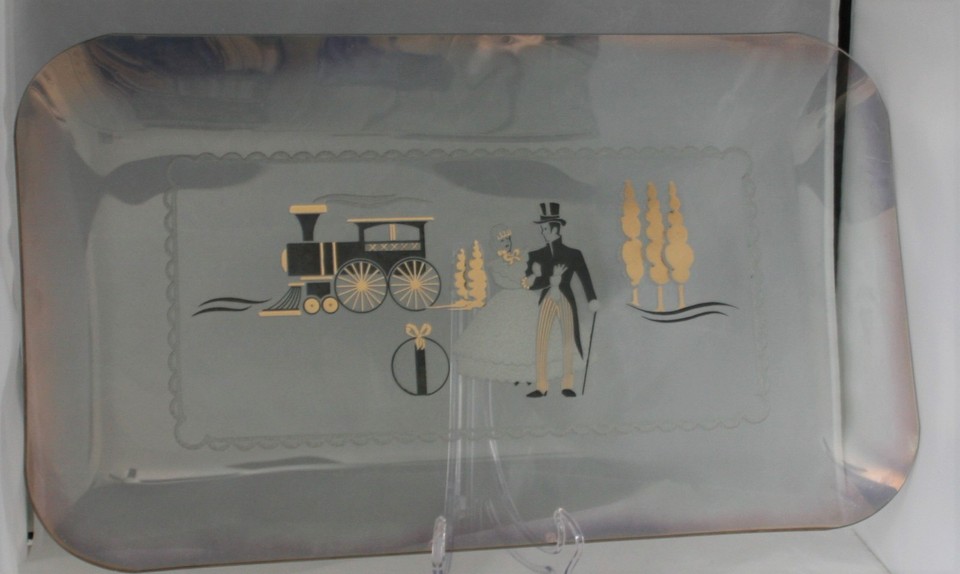 Mid Century Clear Glass Rectangular Tray Black & Gold Foil Graphics ...