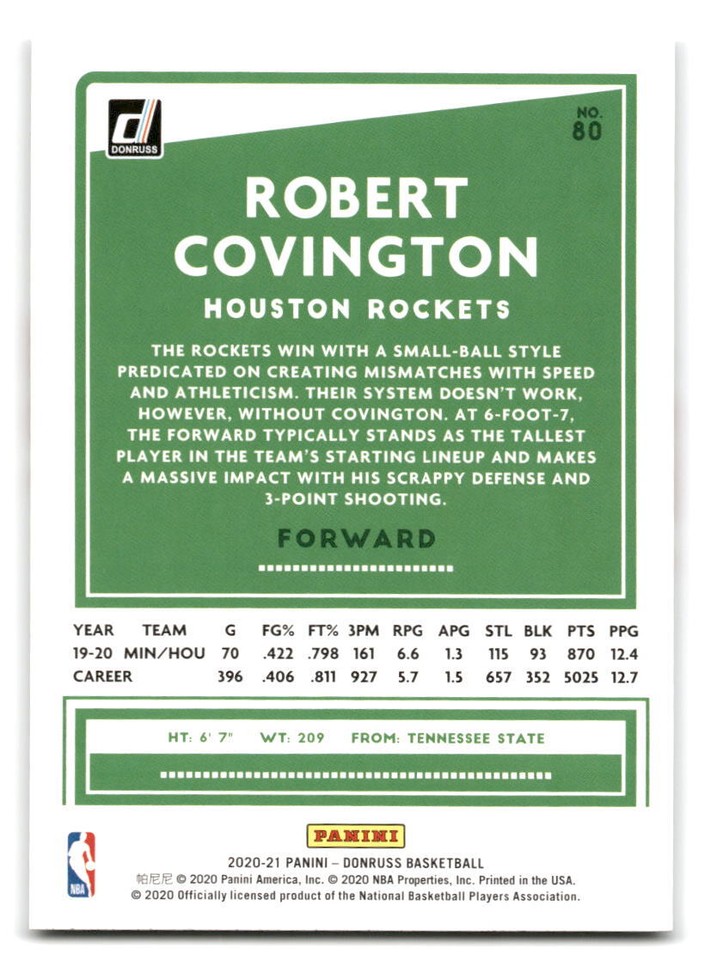 Robert Covington 2020 Donruss BASKETBALL #80 Houston Rockets | eBay