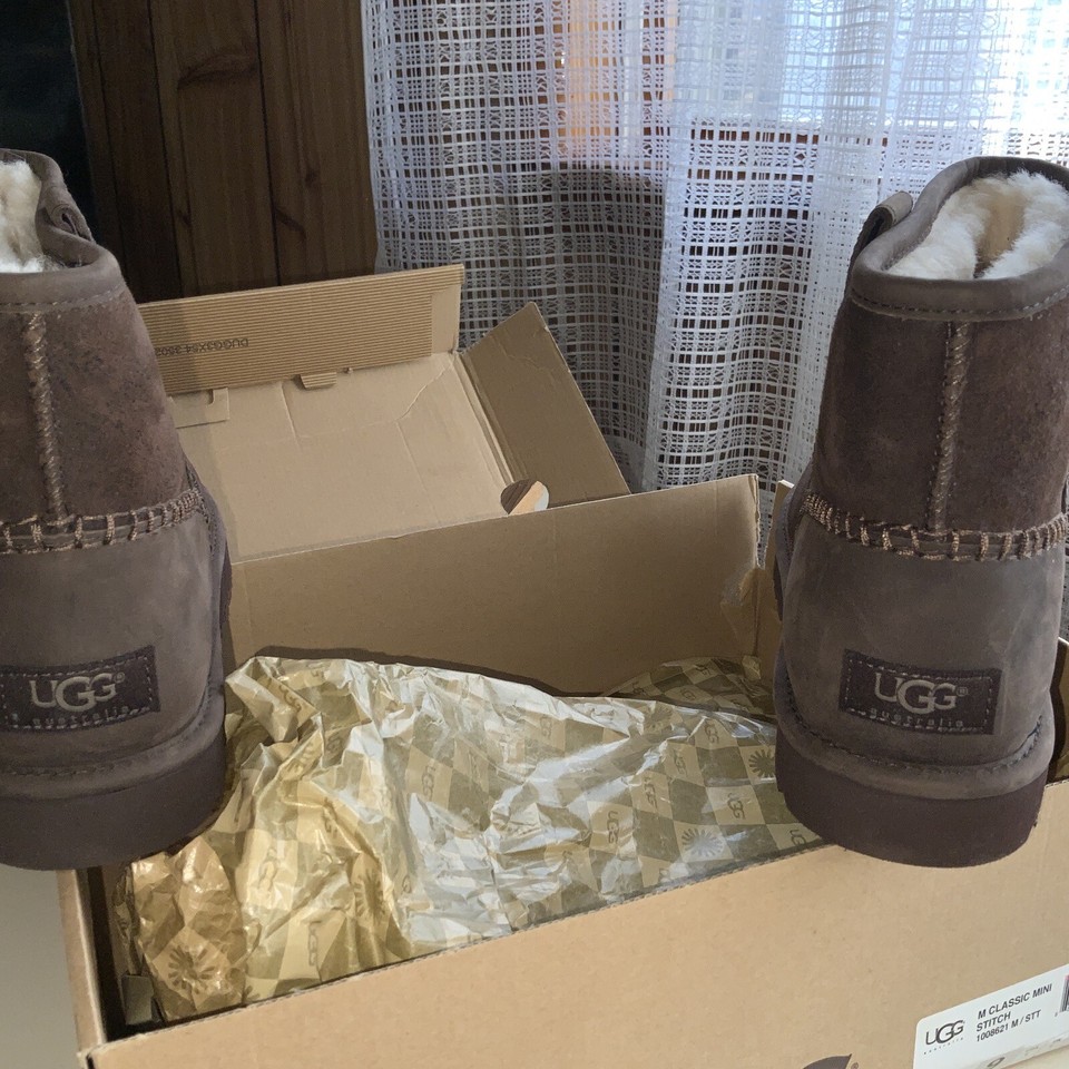 UGG MEN CLASSIC MINI STITCH GENUINE SUEDE LEATHER BROWN NATURAL FUR 9 ...