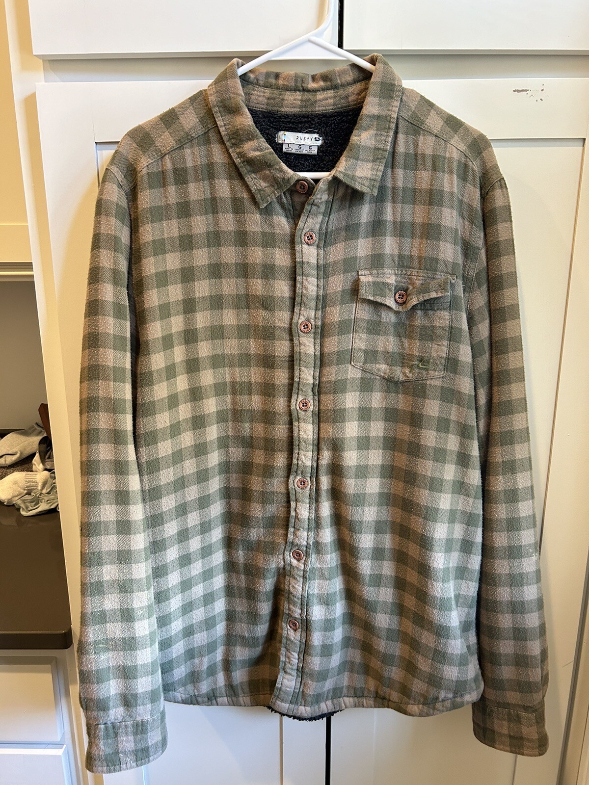 Rusty Flannel Shirt- Large- Sherpa Lined Chest- Olive Green | eBay