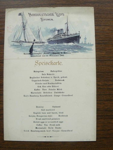 Norddeutscher Lloyd Bremen German Post SS "Roon" Menu Card POSTCARD 21. ...