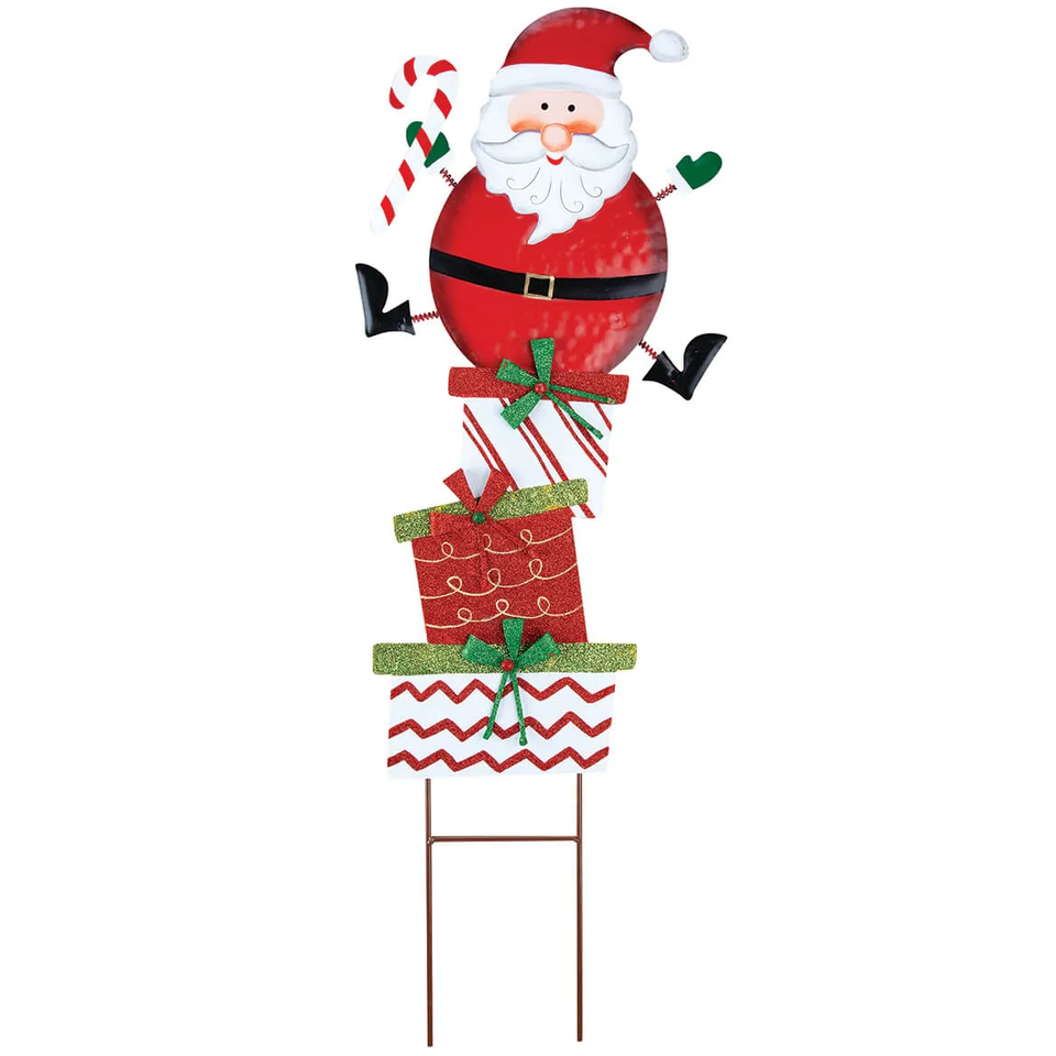Santa Claus Sitting on Stacked Christmas Presents Metal Yard Stake ...
