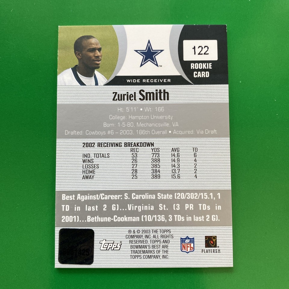 Zuriel Smith 2003 Bowman's Best Certified Autograph Issue Rookie Card ...