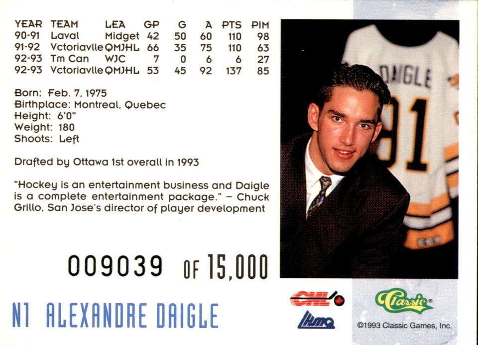 1993 Classic Crash Numbered #N1 Alexandre Daigle Rookie Card RC | eBay