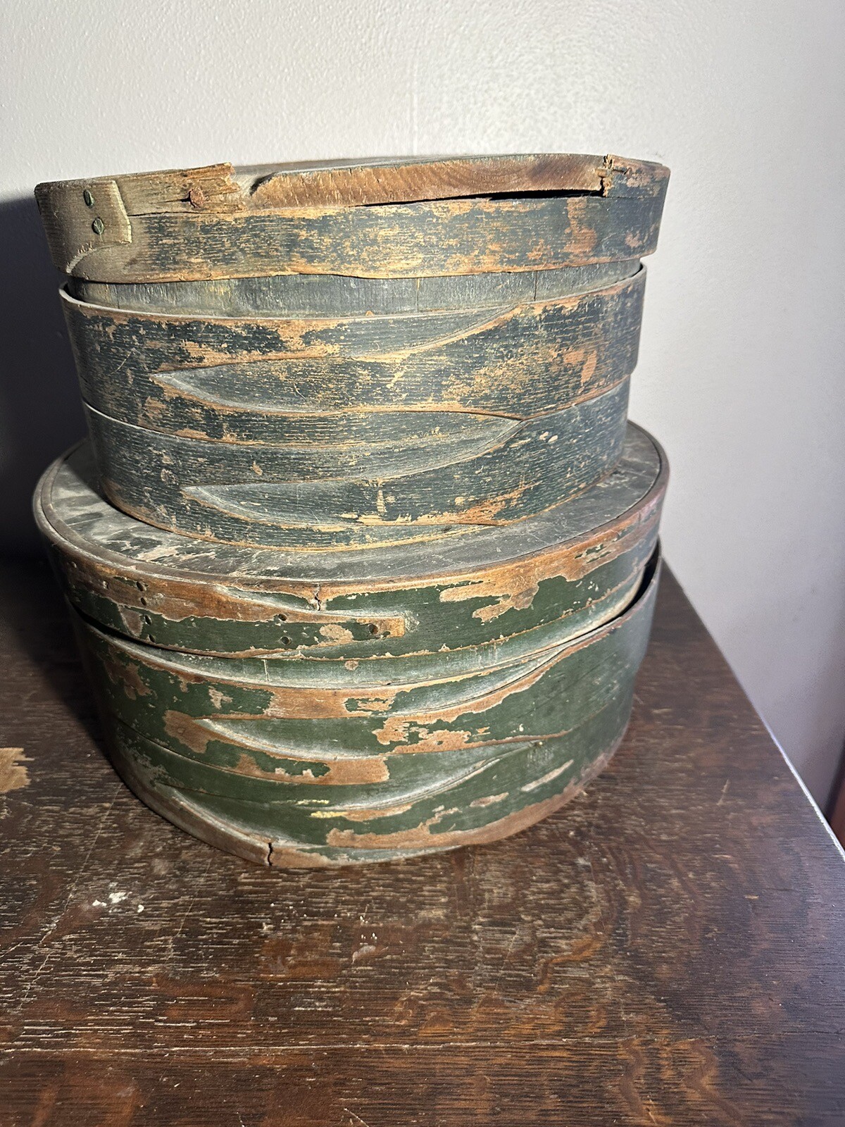 pair Primitive pantry boxes, finger lap, orig. Green paint patina, rare ...