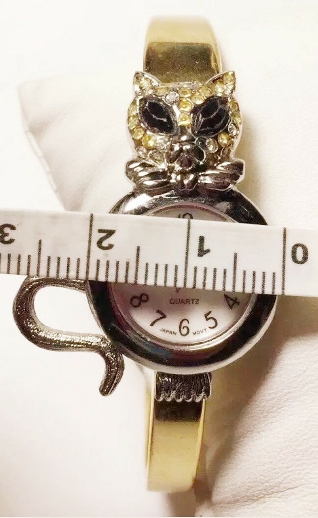 Avon Cat Watch Gold Bangle Band Silver Case White Face Black Eyes Easy ...