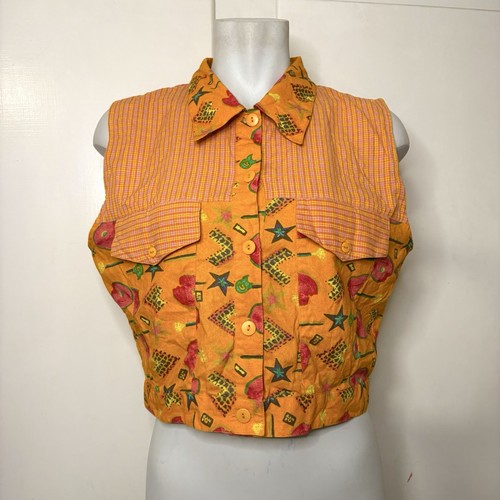 Vintage 90s Orange Funky Boho Cotton Sleeveless Button Up Collared Crop ...