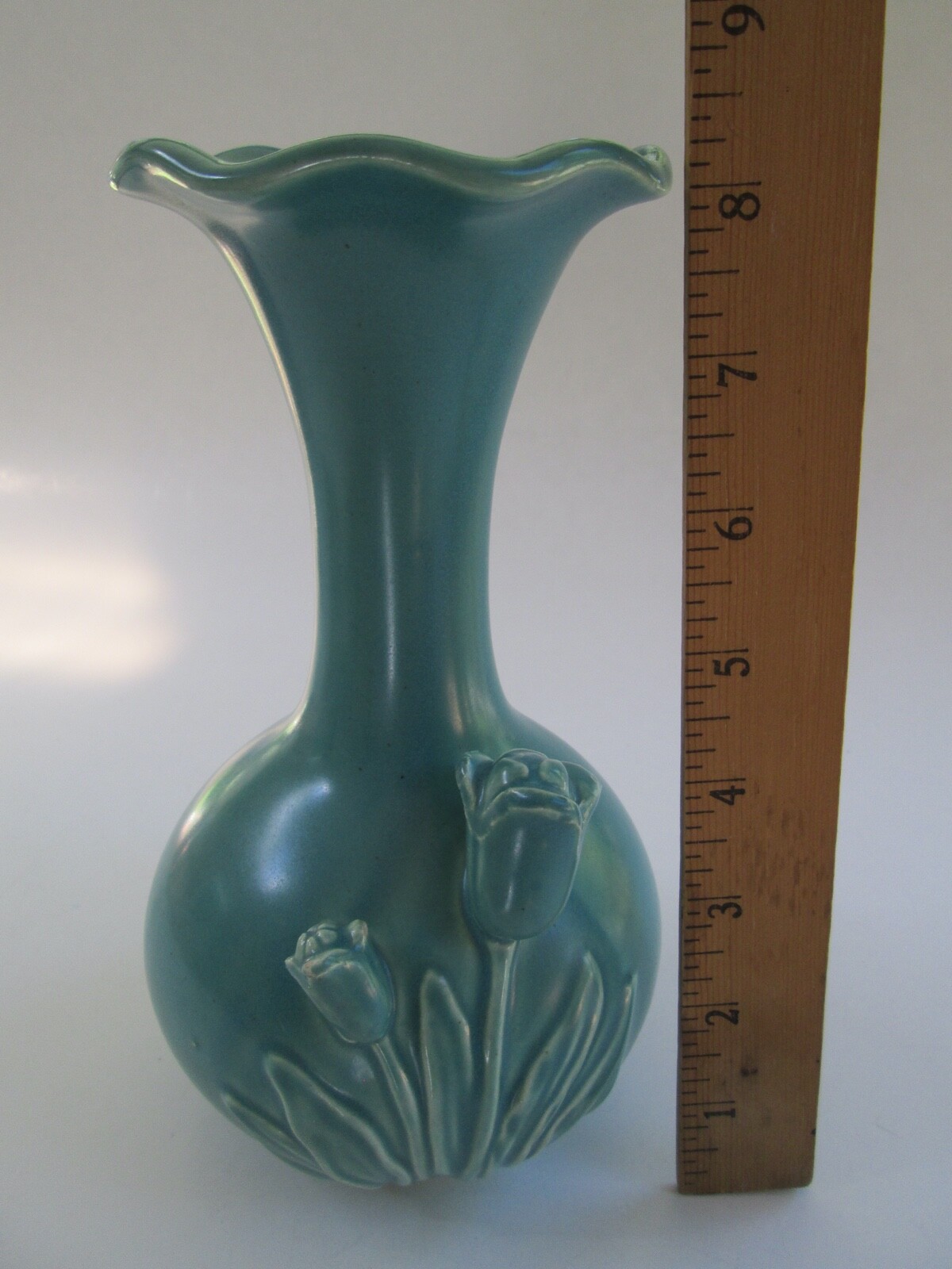Vintage 8" Vase w/Raised Tulips Aqua Mid-Century Van Briggle Style MADE ...