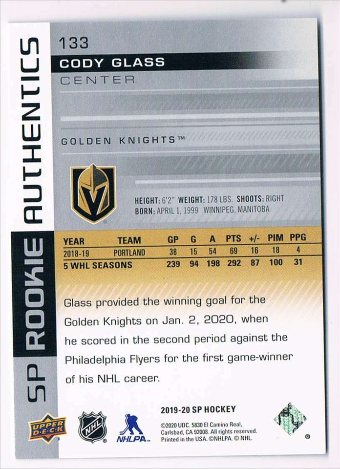 2019-20 SP ROOKIE AUTHENTIC CODY GLASS 0011/1199 VEGAS GOLDEN KNIGHTS ...
