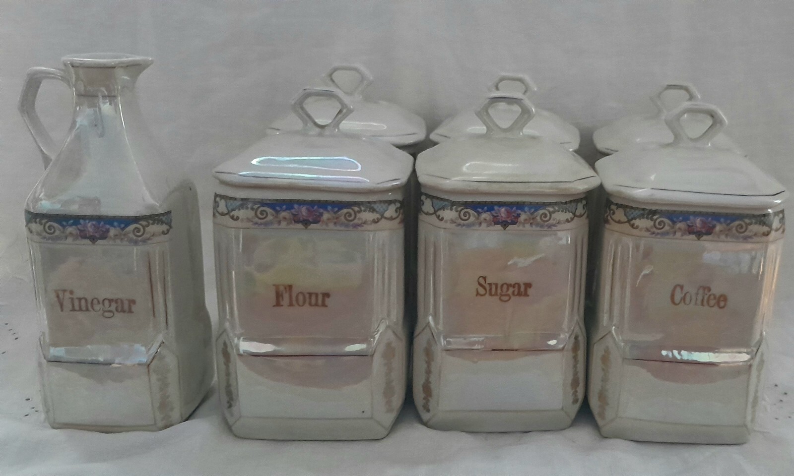 Antique Vtg White Block Germany Lusterware Iridescent Kitchen Canister ...