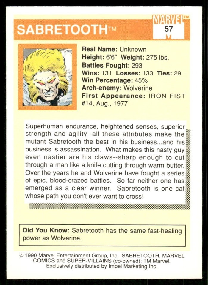 Sabretooth 1990 Marvel Impel Card #57 (NM) | eBay