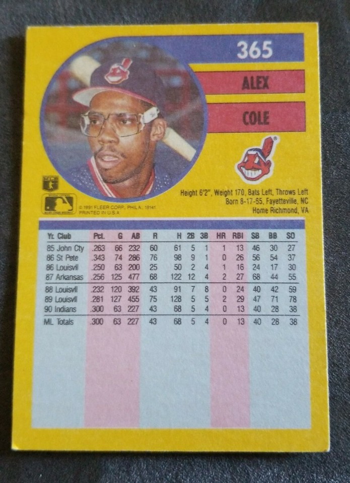 1991 Fleer Baseball Card #365 Alex Cole - Cleveland Indians | eBay