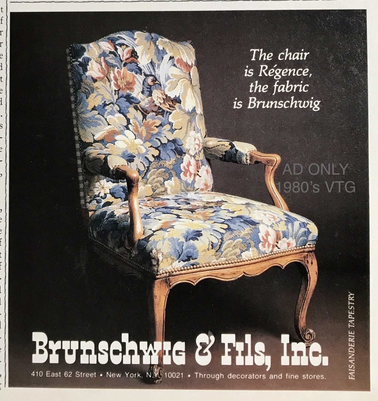 1980’s Brunschwig & Fils Fabric PRINT AD Vintage Regence Chair Image | eBay
