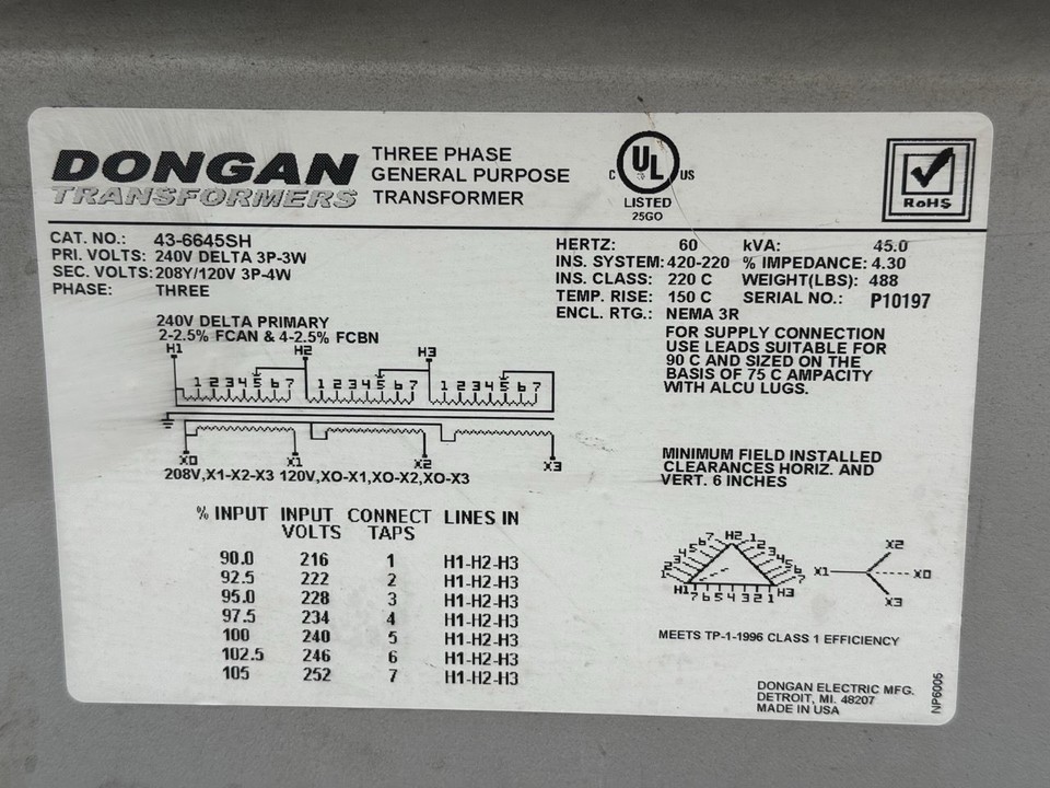 Dongan 43-6645SH 3 phase 240v 208y/120v 45 kva Transformer | eBay