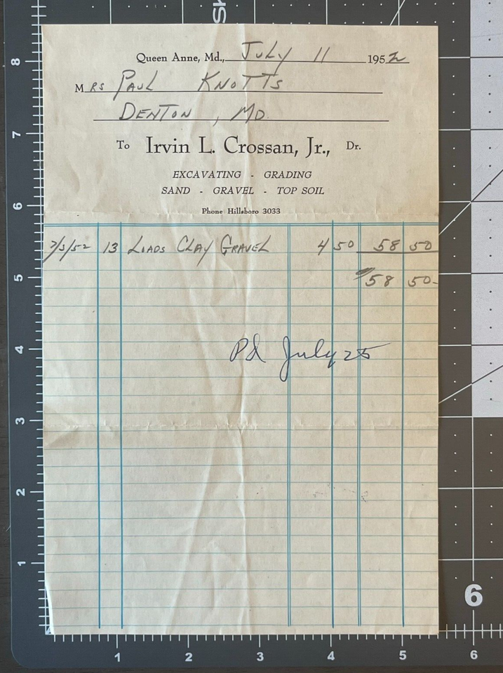 Queen Anne Maryland Vintage Billhead Irvin L. Crossan Excavating 1952 ...