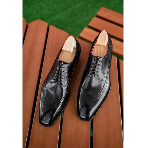 New Black Wing Tip Leather Formal Brogue Handmade Derby Office Shoes ...