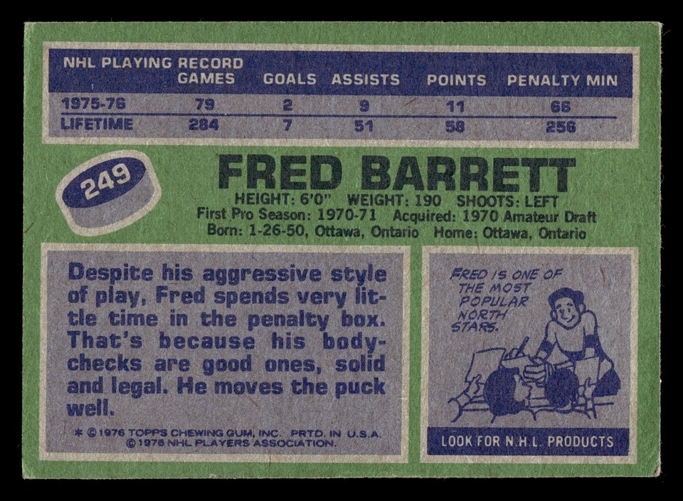 1976-77 Topps - #249 Fred Barrett - Minnesota North Stars | eBay
