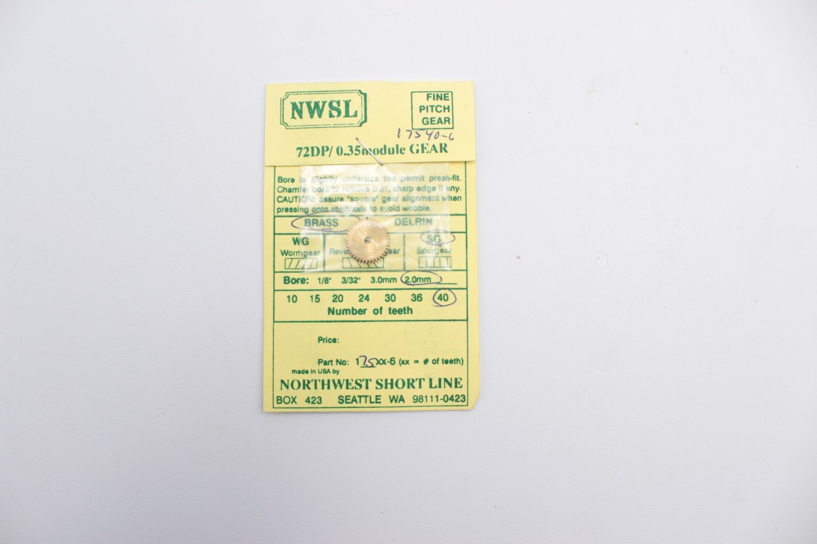 NWSL Fine Pitch Gear 17540-6 72DP 40 TEETH Brass Module Gear | eBay