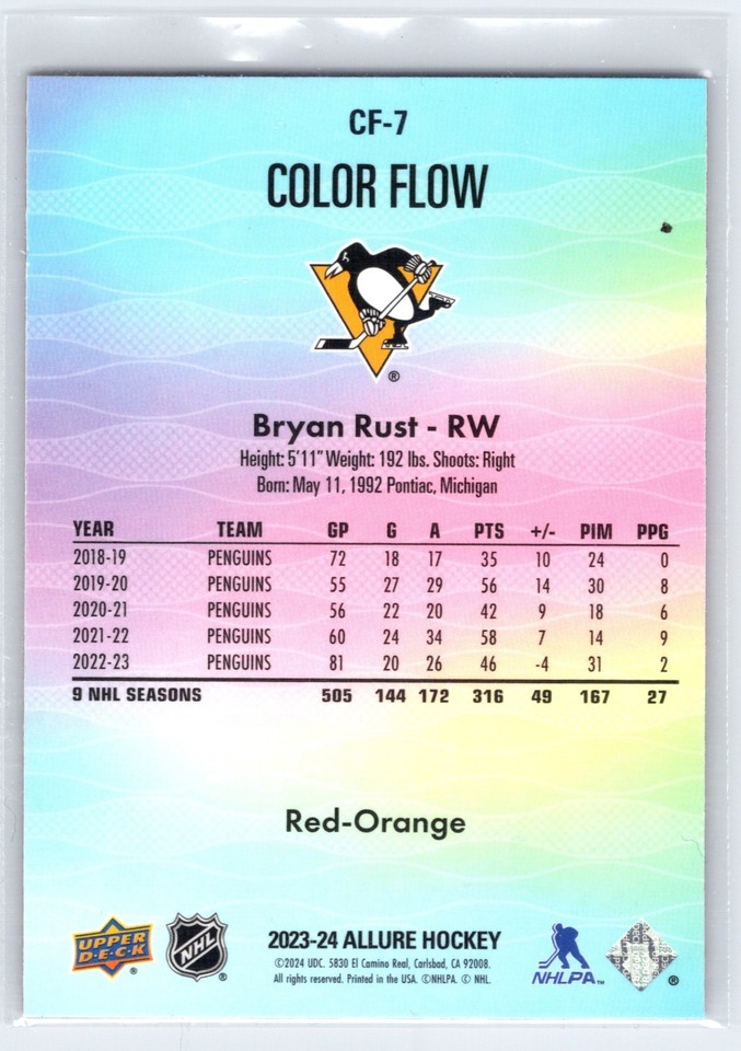Bryan Rust 2023-24 Upper Deck Allure Red-Orange Color Flow #CF-7 | eBay