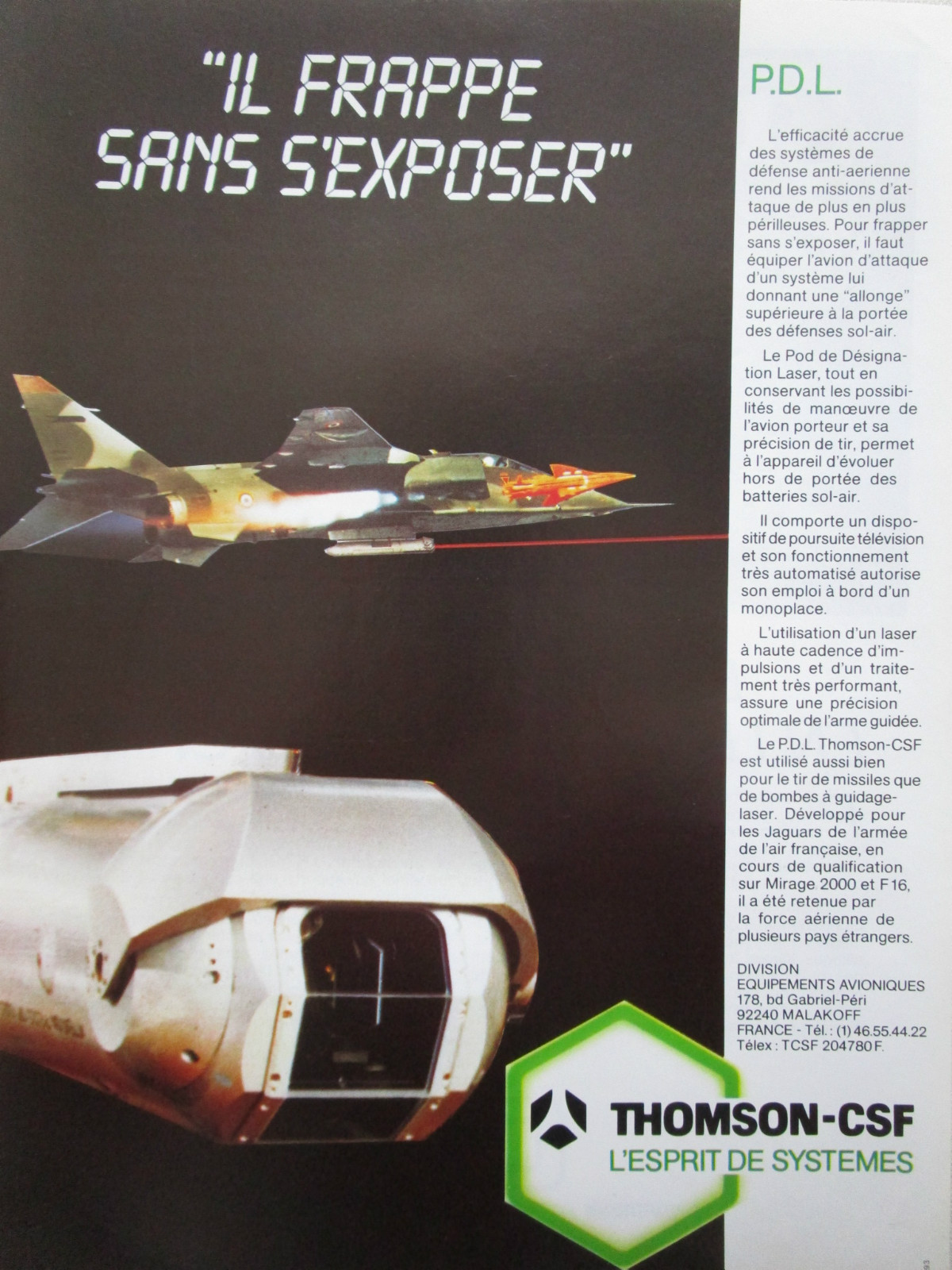 12/1985 PUB THOMSON CSF PDL POD DESIGNATION LASER JAGUAR ARMEE AIR ...