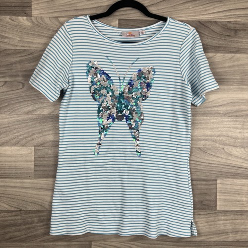 Quacker Factory Shirt Top Tee Womens XS Blue Striped Sequin Butterfly ...