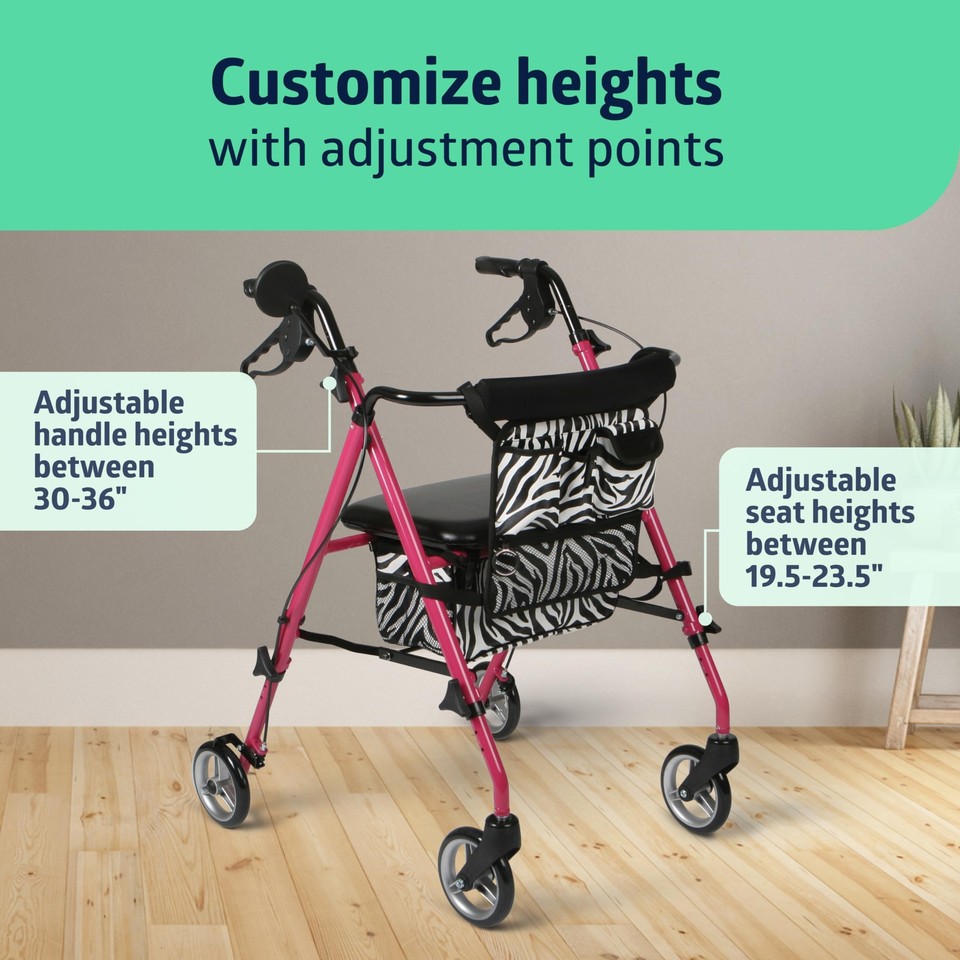 Pink Lightweight Rollator Walker with Adjustable Seat and Easy Grip ...