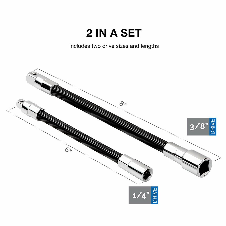 2pc Flexible Socket Extension 8" Long 3/8" & 6" 1/4" Socket Bar Ratchet ...