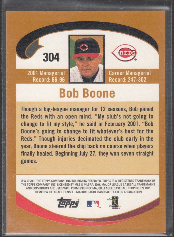 BOB BOONE 2002 Topps #304 Cincinnati Reds Manager Auto TTM/IP Signed ...