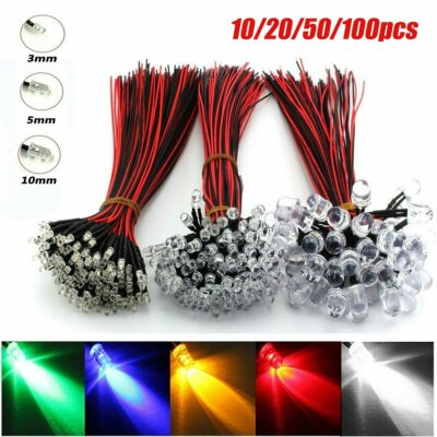 LED Pre wired Light 10/20/50/100pcs DC12V 3mm 5mm 10mm Emitting Diodes ...