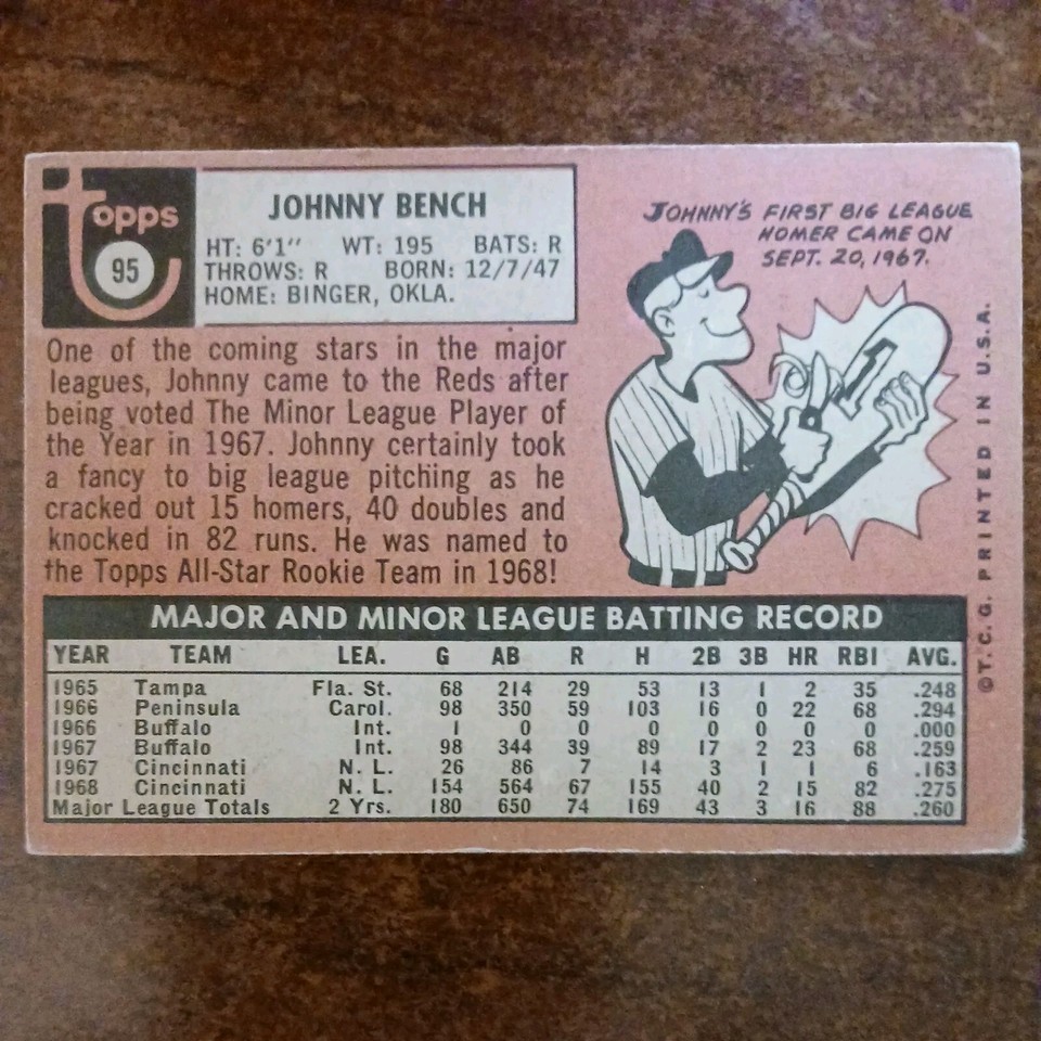 graded 2.5 by PSA 1969. Topps # 95 Johnny Bench rookie card | eBay